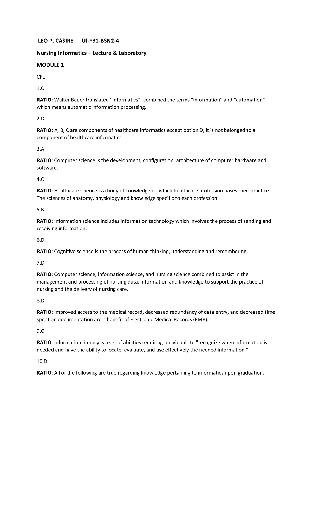 Nursing Informatics - Lecture & Lab Notes (Modules 1-8) - Studocu