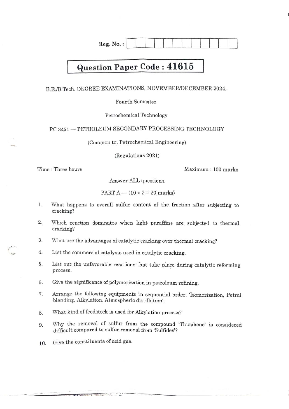 PSPT Dec 2024 - Old Question Paper for PC 3451 Petroleum Secondary ...