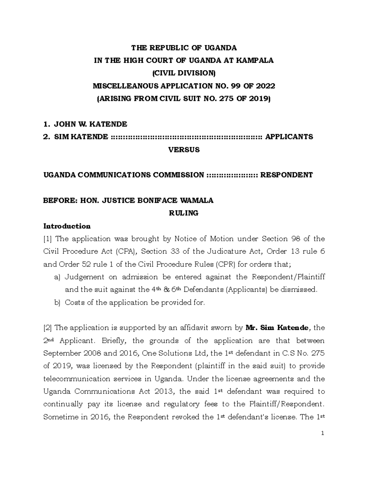 John W. Katende & Sim Katende v UCC Misc. App. No. 99 of 2022 Ruling ...