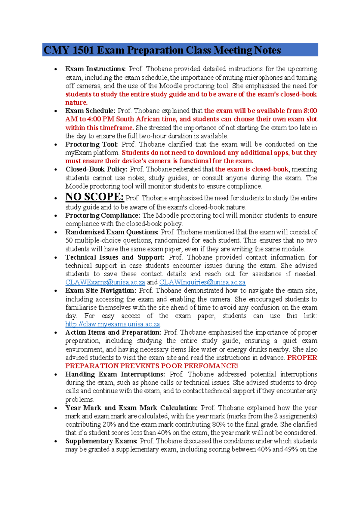 CMY 1501 Final Exam Prep: Class Meeting Notes & Instructions - Studocu