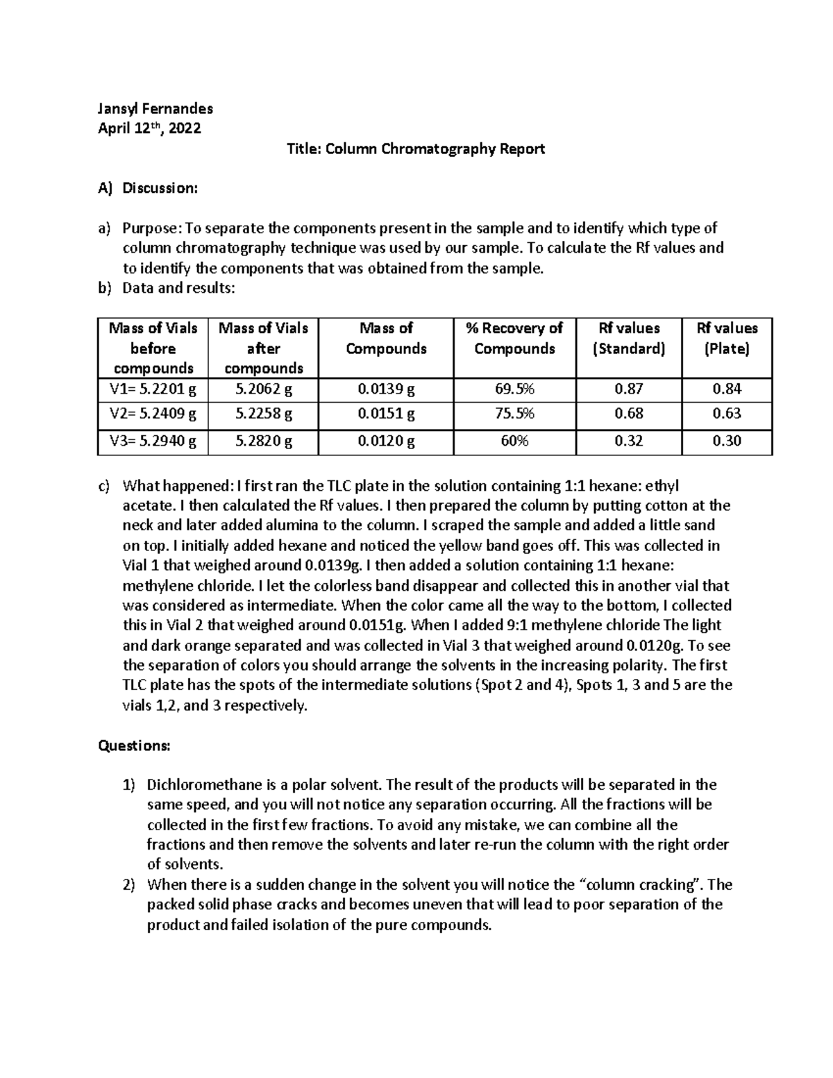 Column Chromatography Report: Techniques & Rf Value Analysis - Studocu