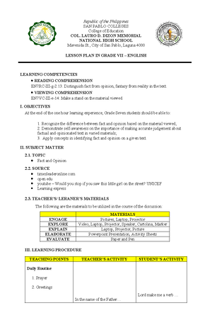 Grade 9 English Lesson Exemplar: Making Connections in Literature - Studocu