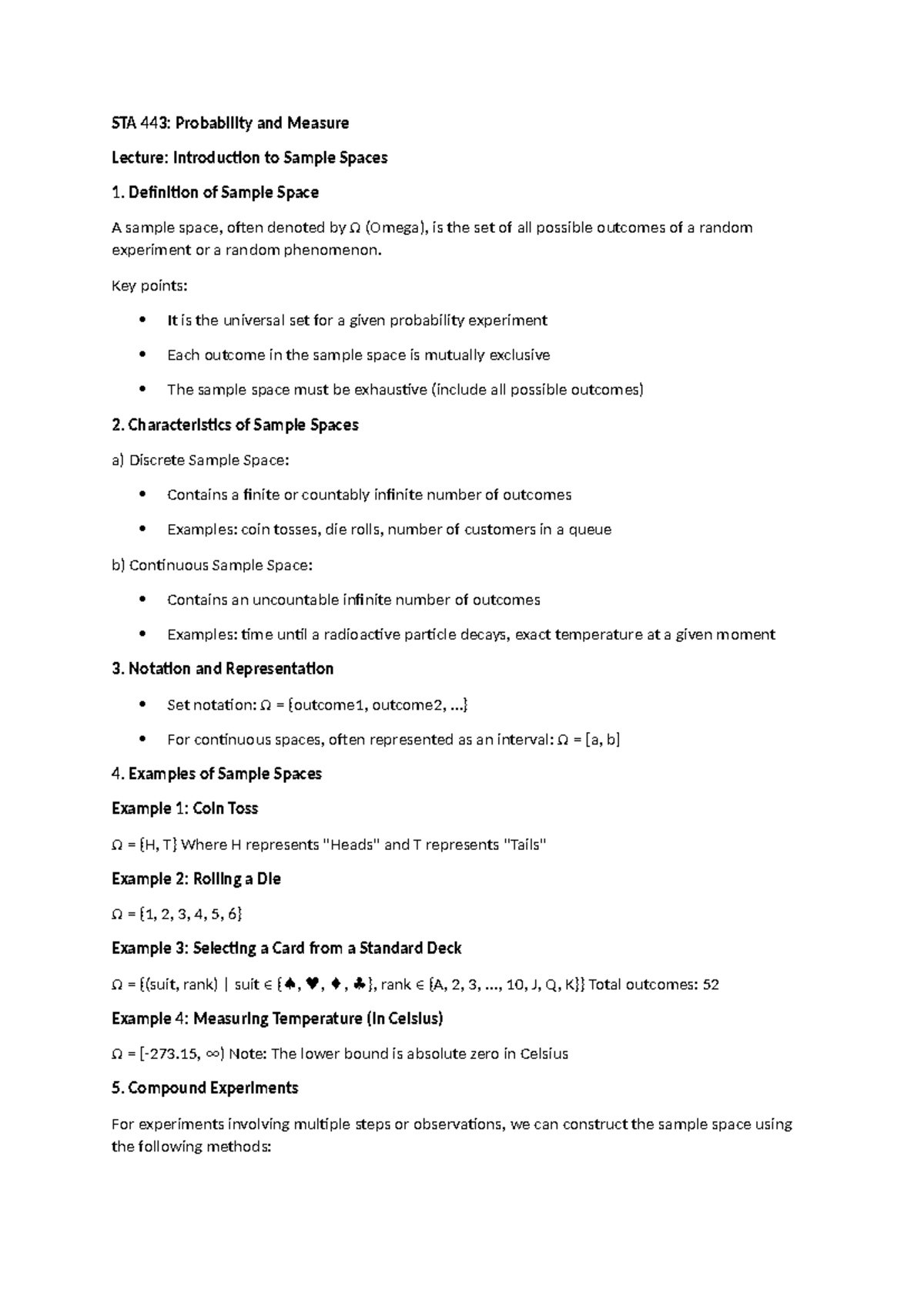 STA 443: Probability and Measure Lecture Notes on Sample Spaces and ...