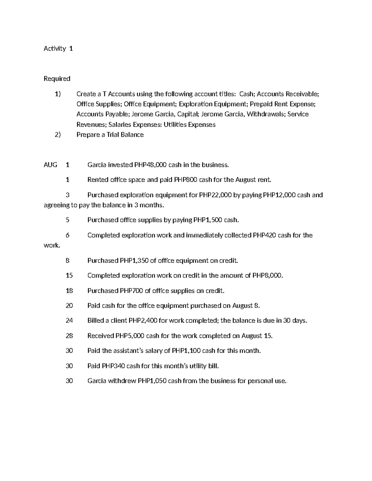 Activity-1 - activity in t accounts - Activity 1 Required 1) Create a T ...