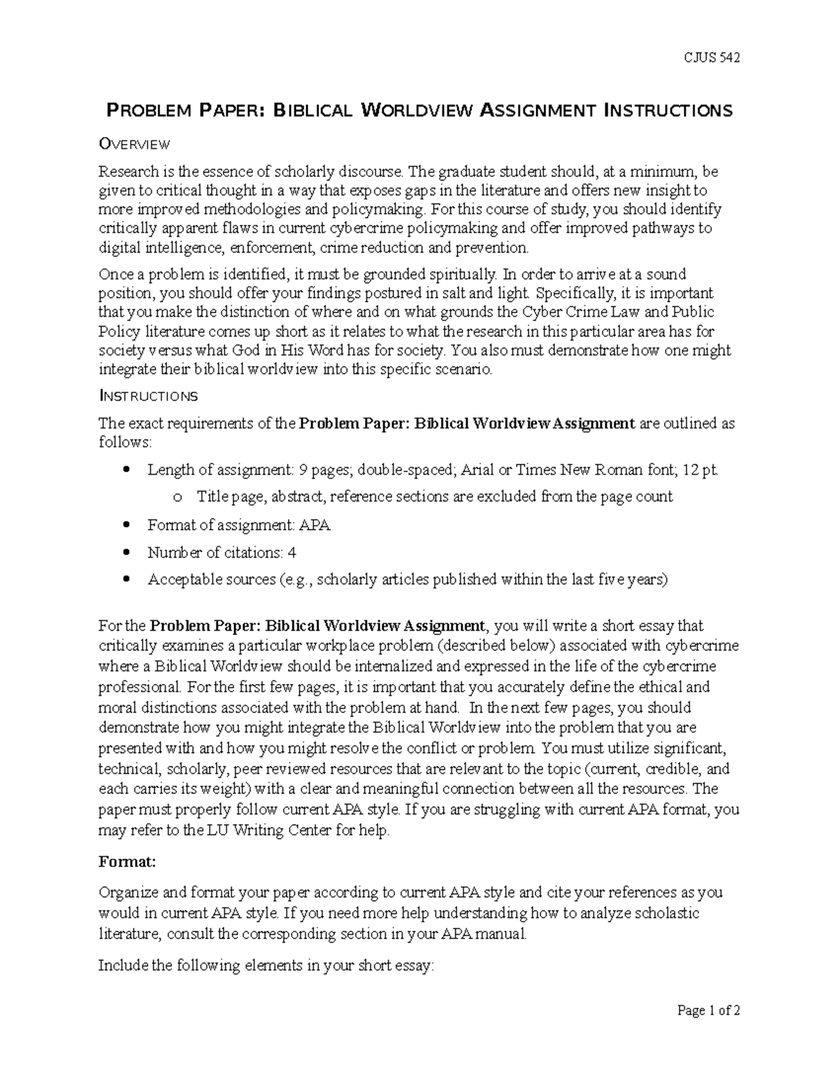 Problem Paper Biblical Worldview Assignment Instructions - CJUS 542 PROBLEM PAPER: BIBLICAL ...