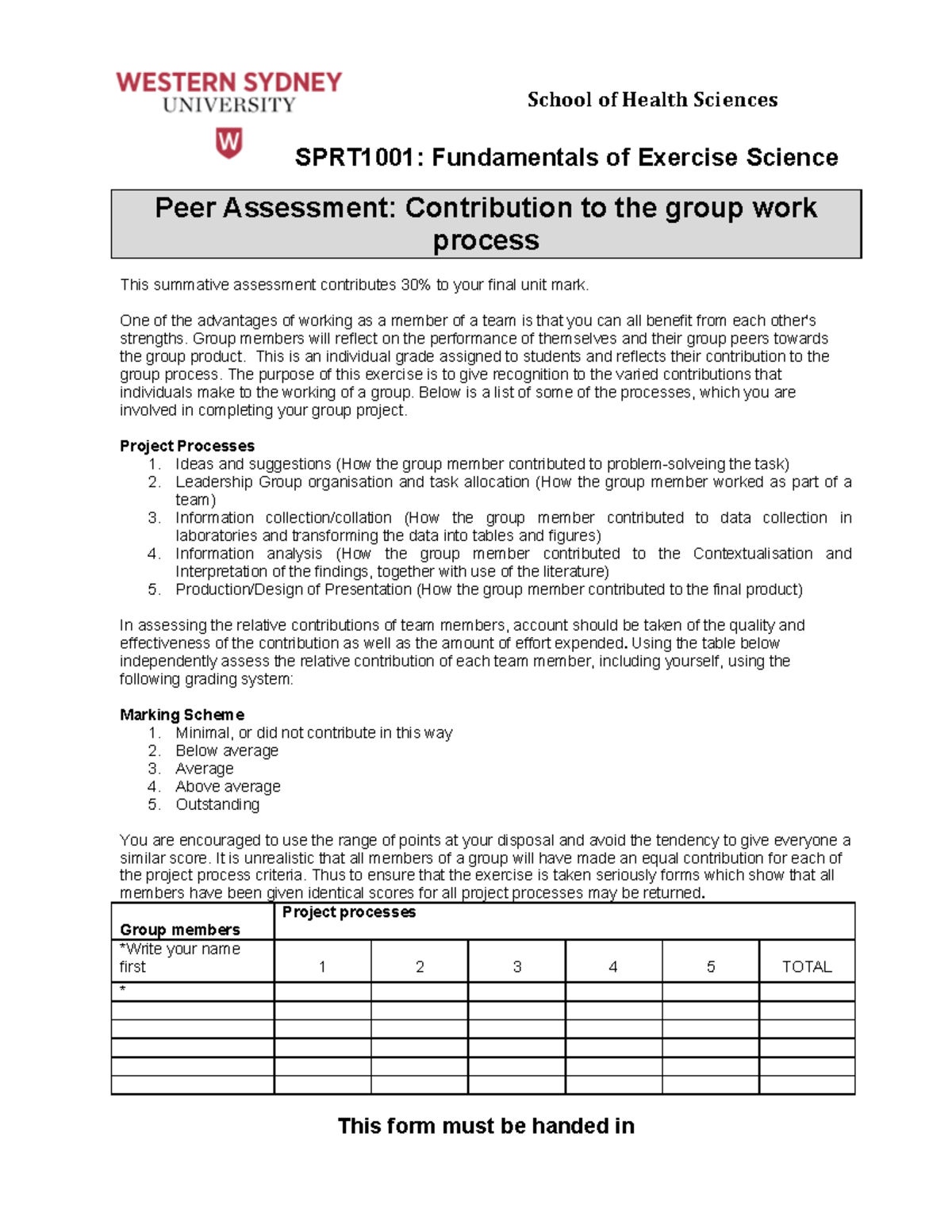SPRT1001: Peer Assessment Form for Group Work in Exercise Science - Studocu