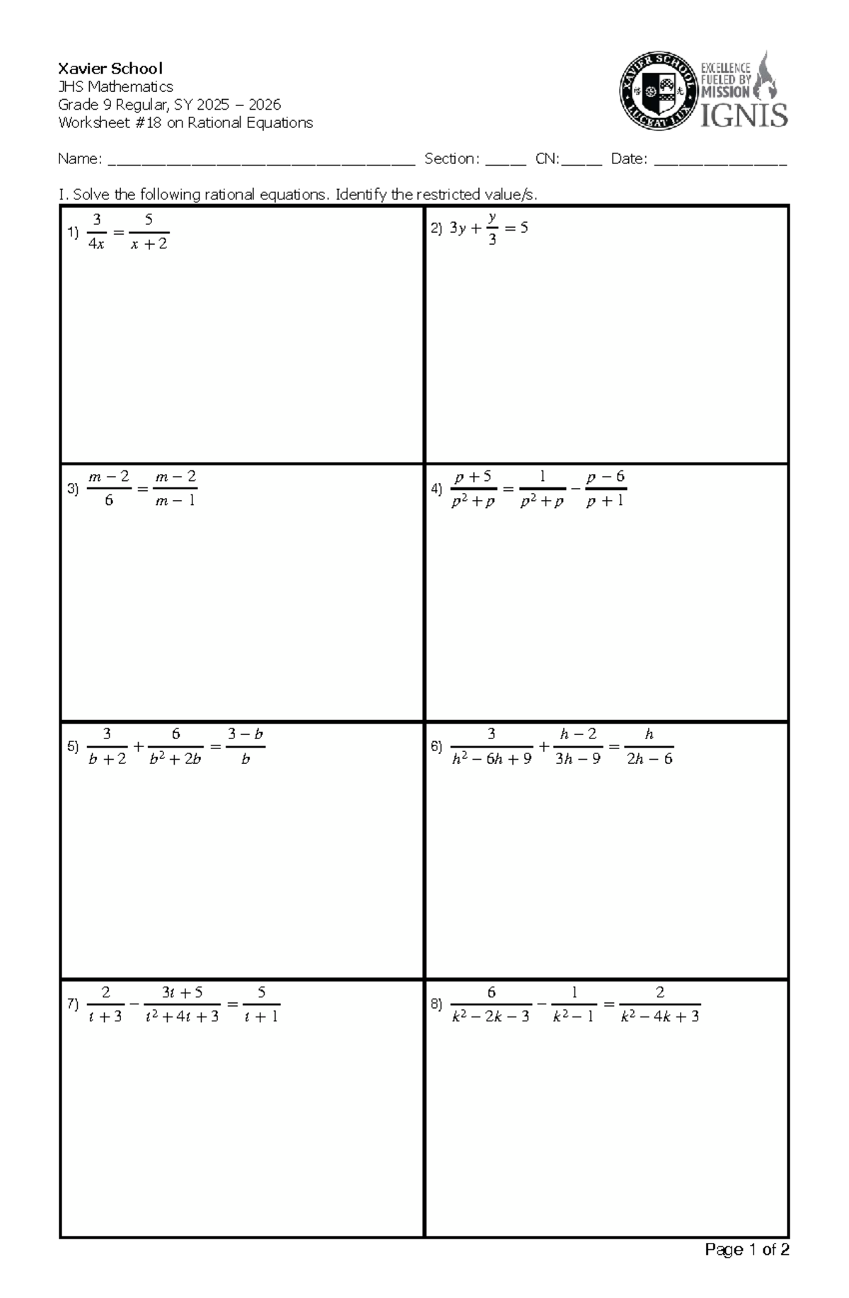 Grade 9 Math Worksheet 18: Rational Equations Practice Test - Studocu