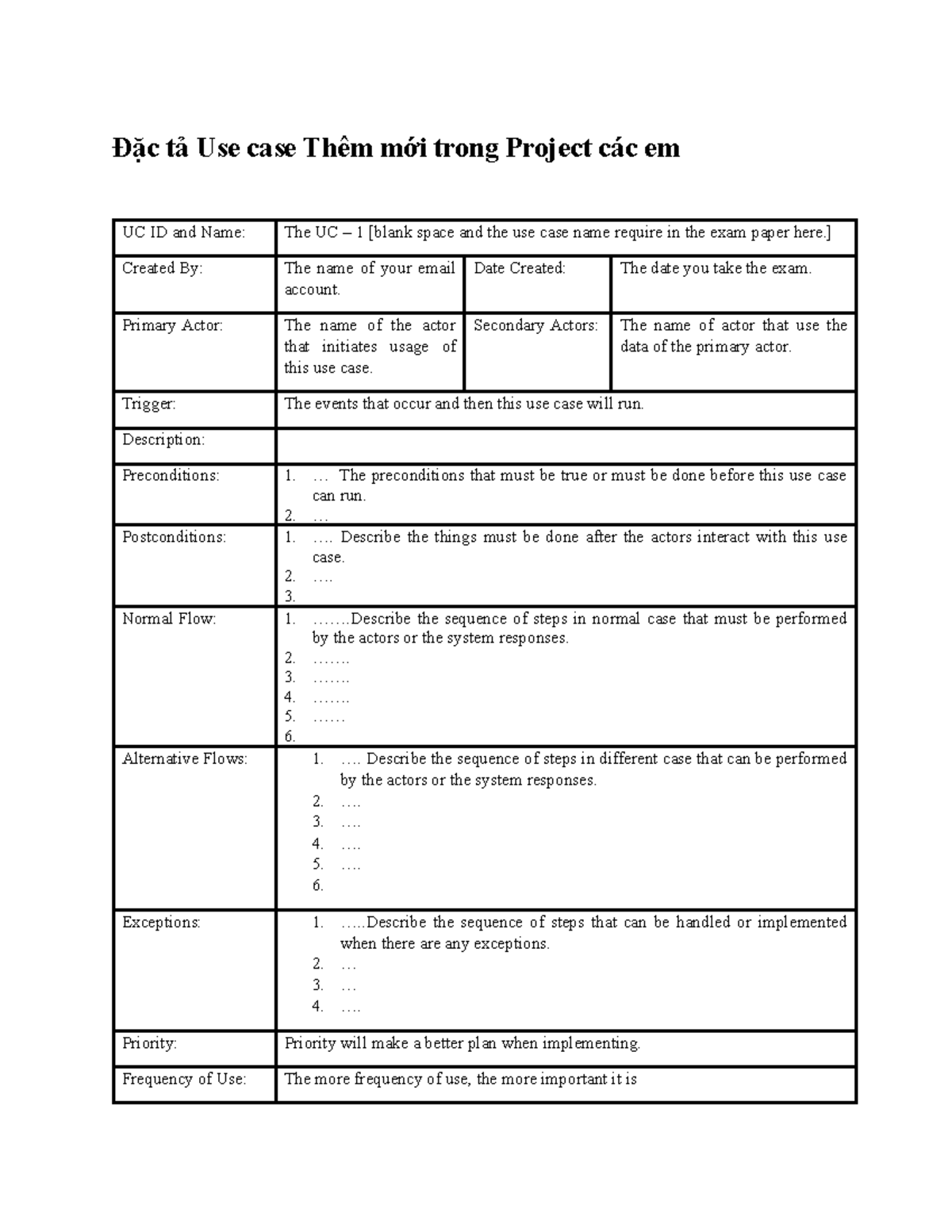 UCase specification Template - Đặc tả Use case Thêm mới trong Project ...