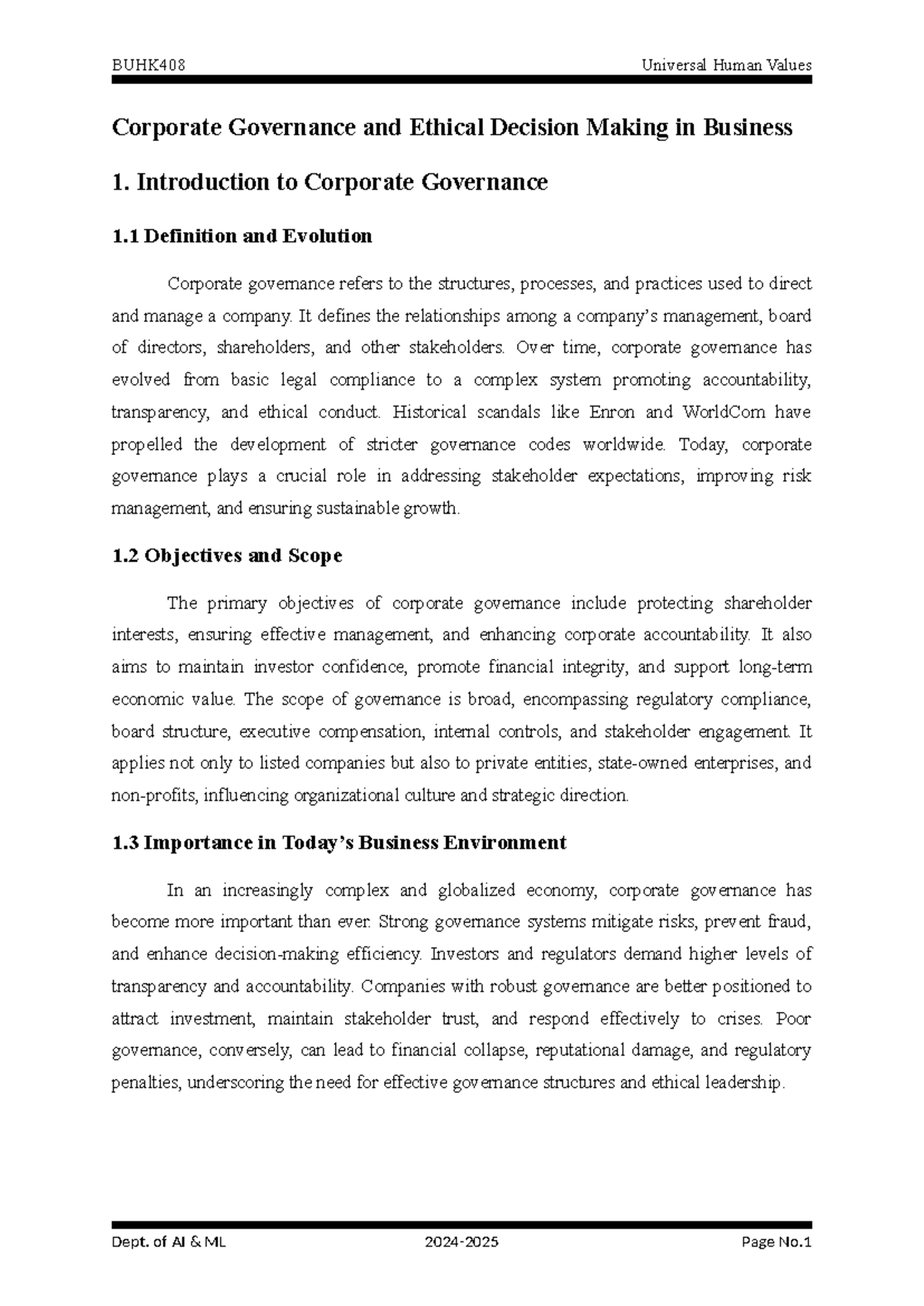 BUHK408 Corporate Governance & Ethical Decision Making in Business ...