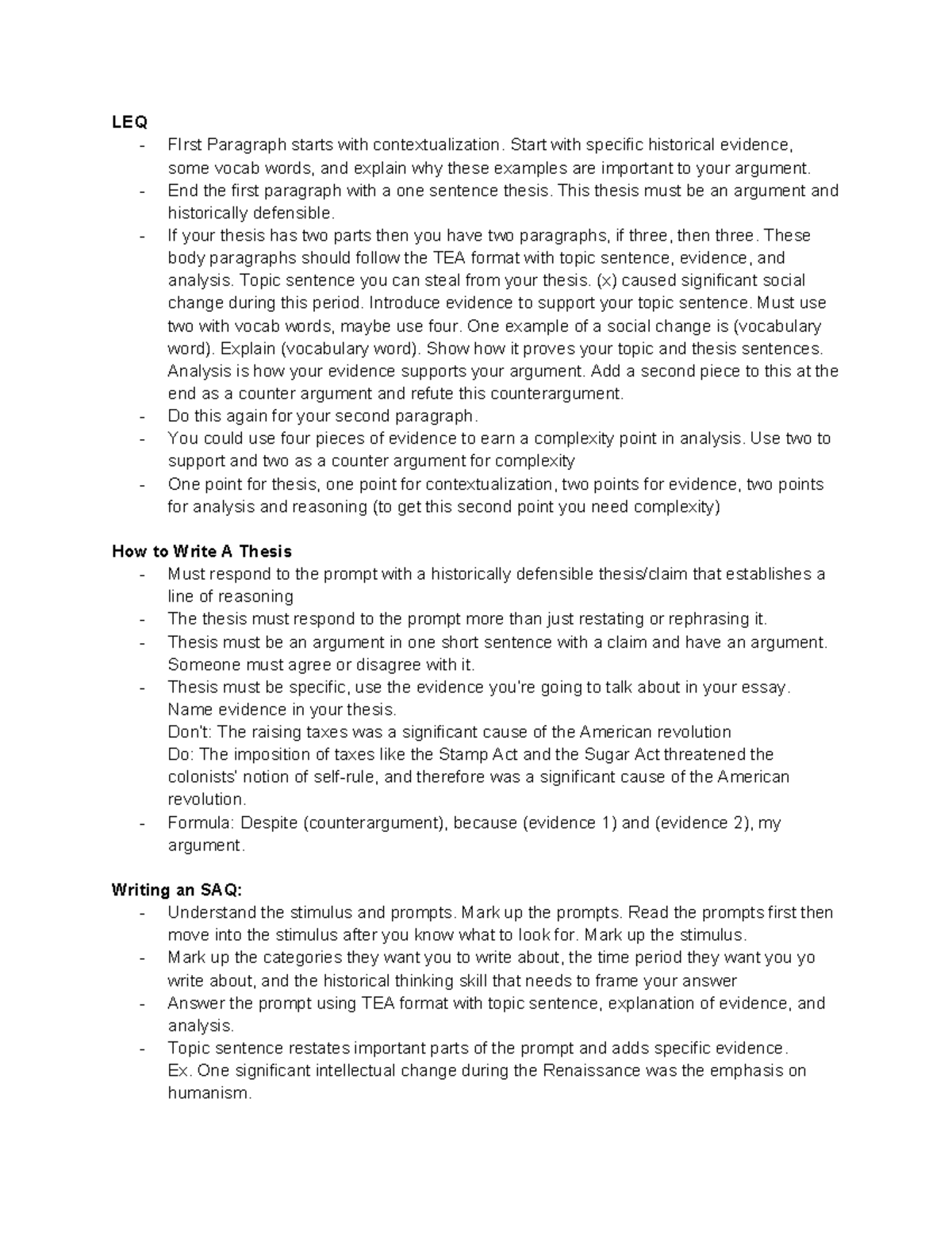 APUSH Writing Tips: LEQ & SAQ Guidance for Dummies - Studocu