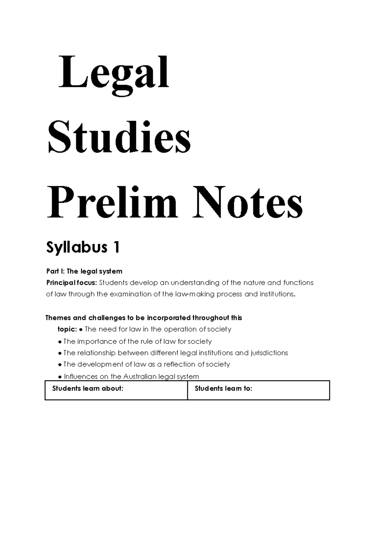 Legal Studies Prelim Notes Syllabus 1: Understanding the Legal System ...
