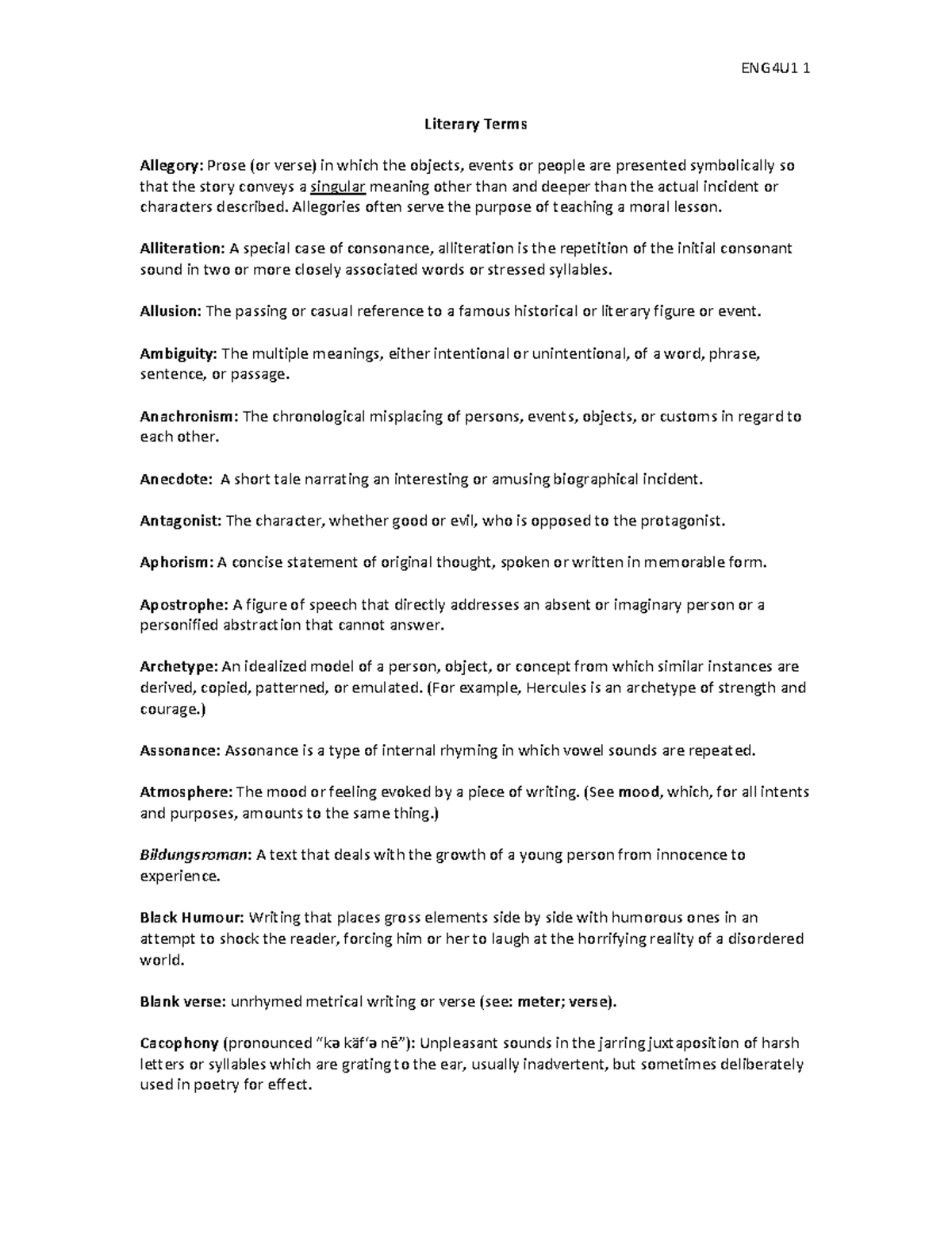 ENG4U1 Literary Terms: Comprehensive Study Notes 2019 - Studocu
