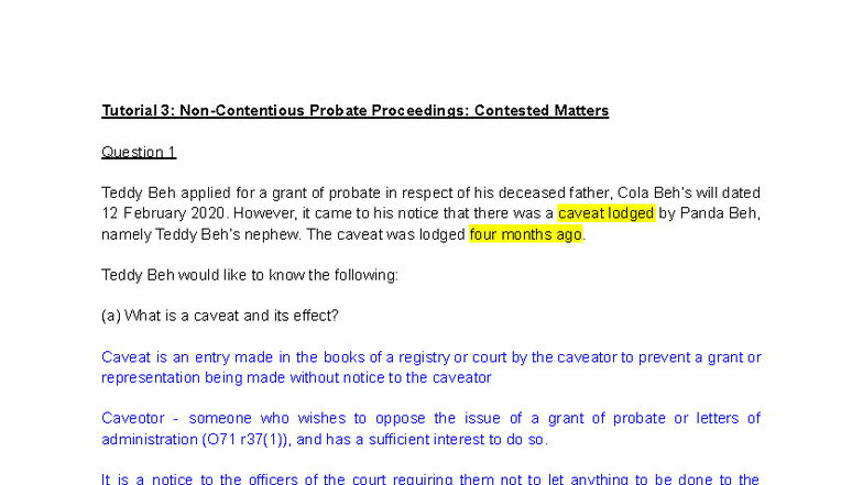 Tutorial 3: Non-Contentious Probate Proceedings & Caveats - Studocu
