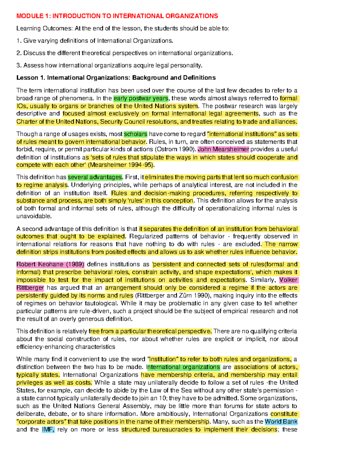 Study Notes: Module 1 & 2 on Int'l & Regional Org. Analysis - Studocu