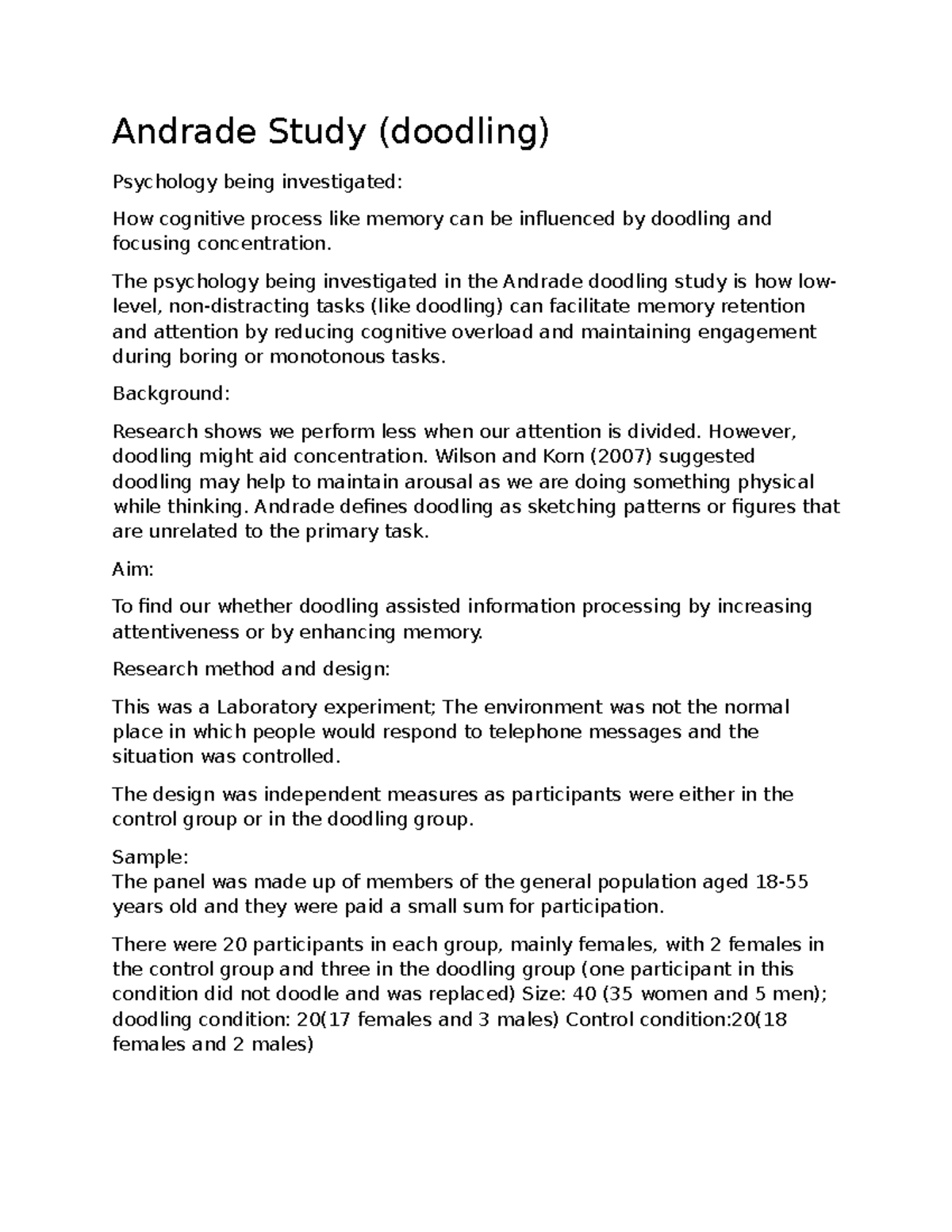 Andrade Study: Effects of Doodling on Memory Retention in Psychology ...