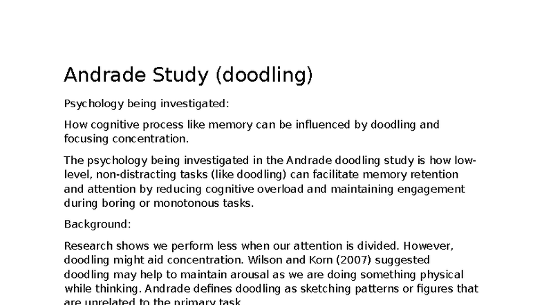 Andrade Study: Effects of Doodling on Memory Retention in Psychology ...