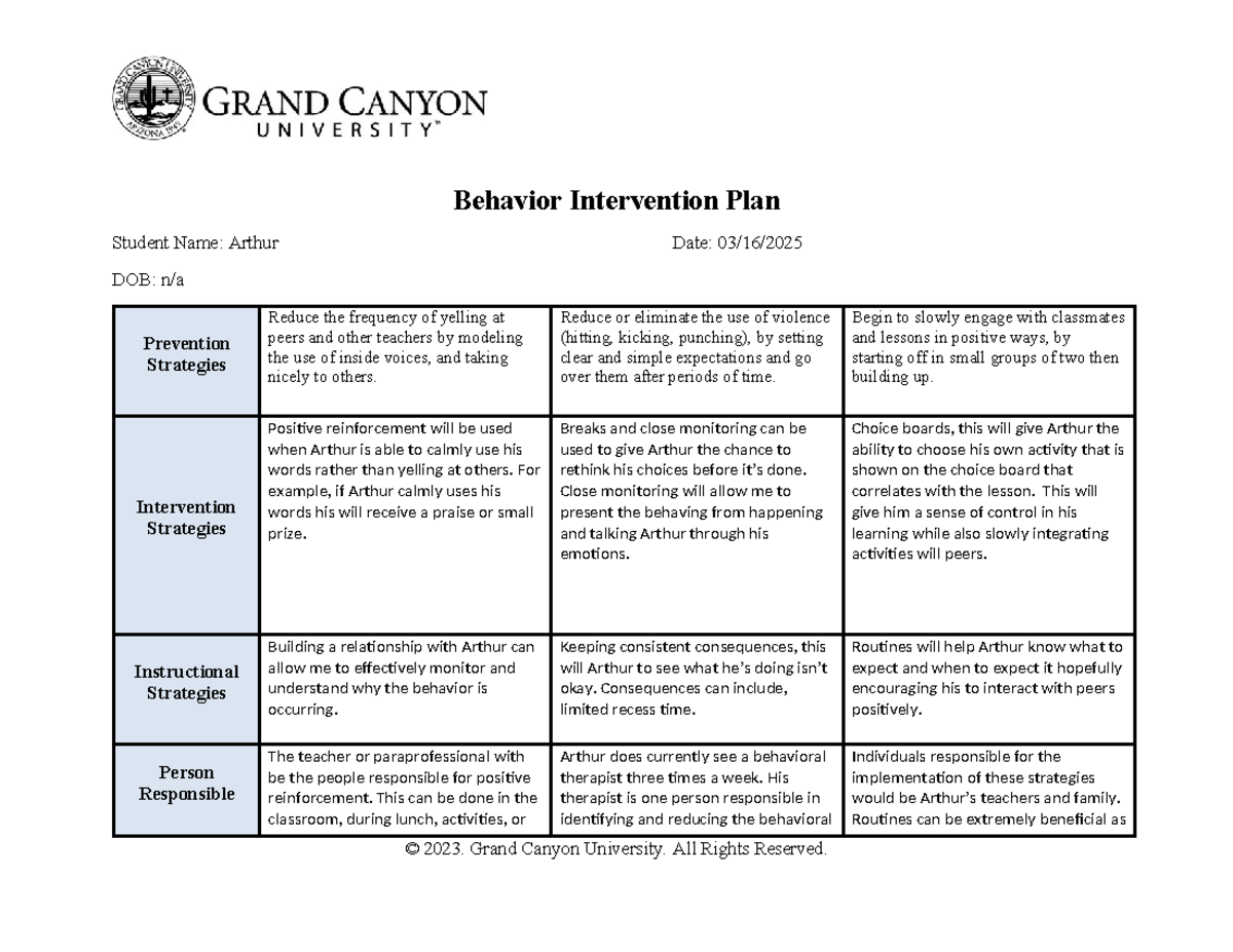 BIP - Behavioral Intervention Plan for Arthur - Studocu