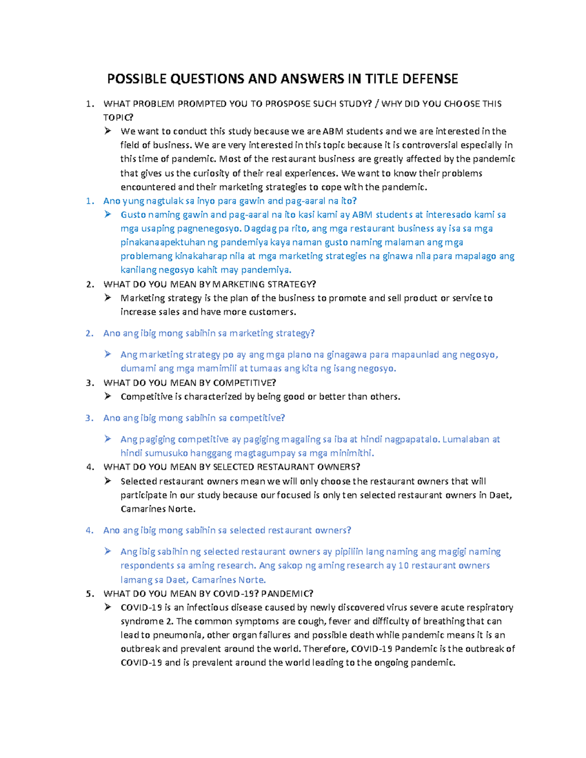 ABM 33333 - Possible Q&A for Title Defense on Marketing Strategies ...