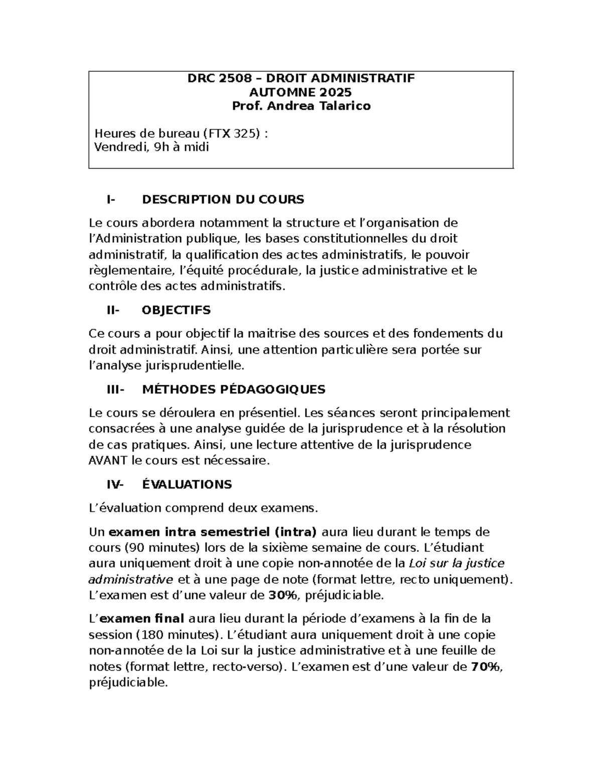 DRC 2508 - Plan de Cours de Droit Administratif Automne 2025 - Studocu