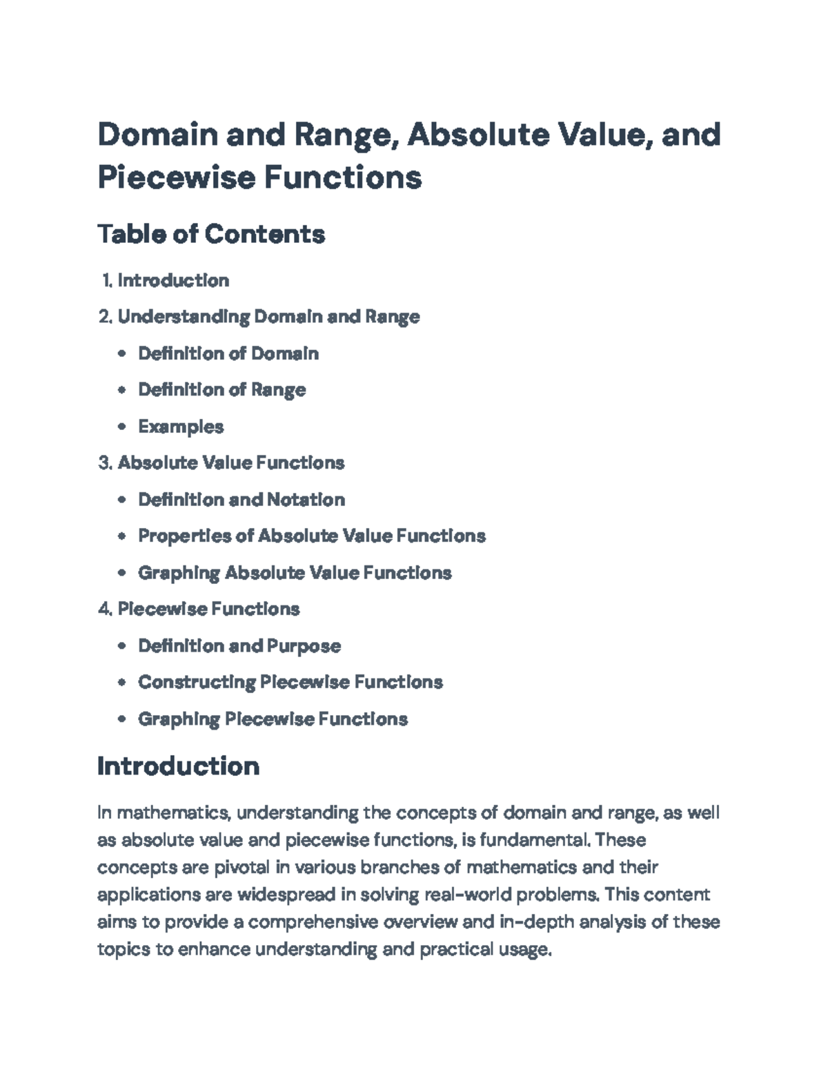 Understanding Domain, Range, Absolute Value, and Piecewise Functions ...