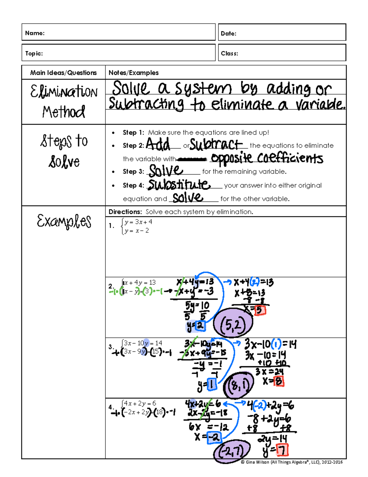 Solve systems by elimination day 1 Notes Key - Main Ideas/Questions ...