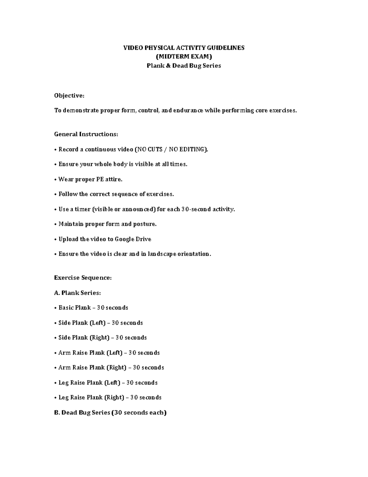 VIDEO PHYSICAL ACTIVITY GUIDELINES (MIDTERM EXAM) Plank & Dead Bug ...