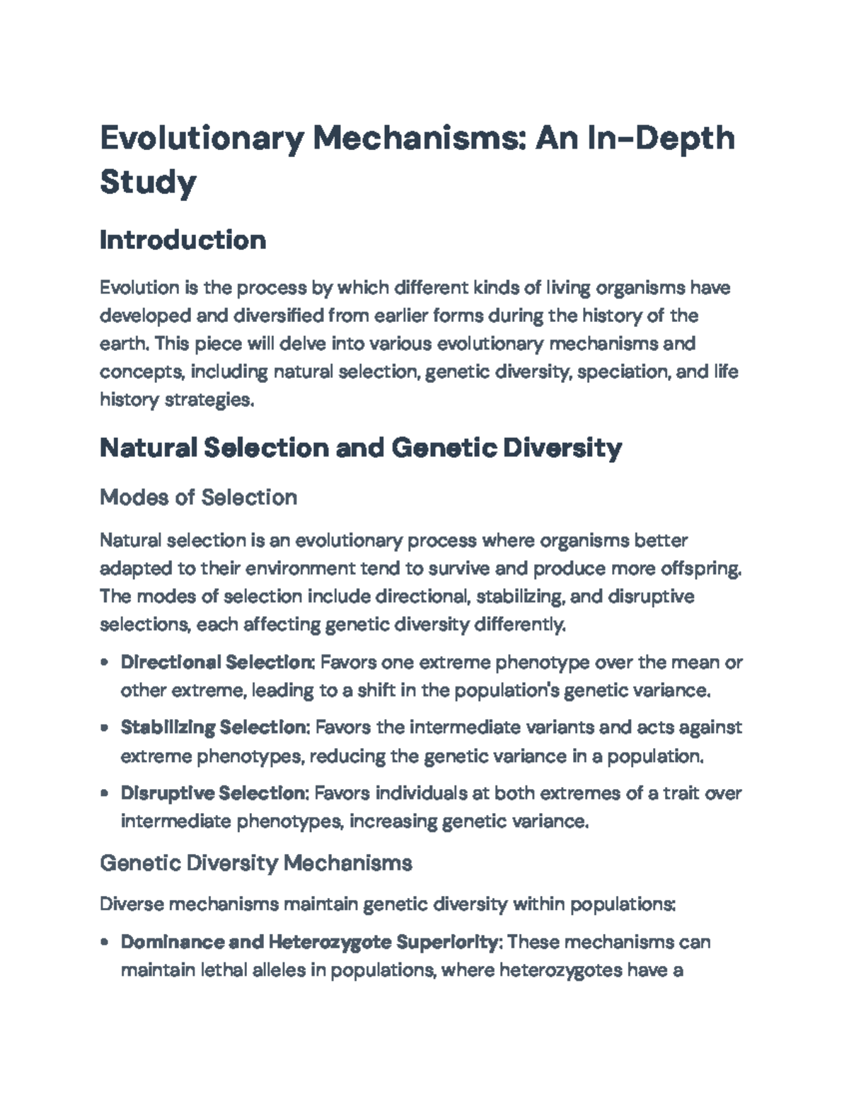 Evolutionary Mechanisms: Natural Selection, Speciation, and Life ...
