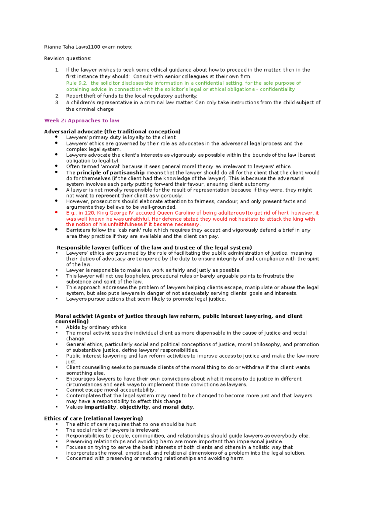 Laws1100 Exam Notes: Key Ethical Principles and Legal Representation ...