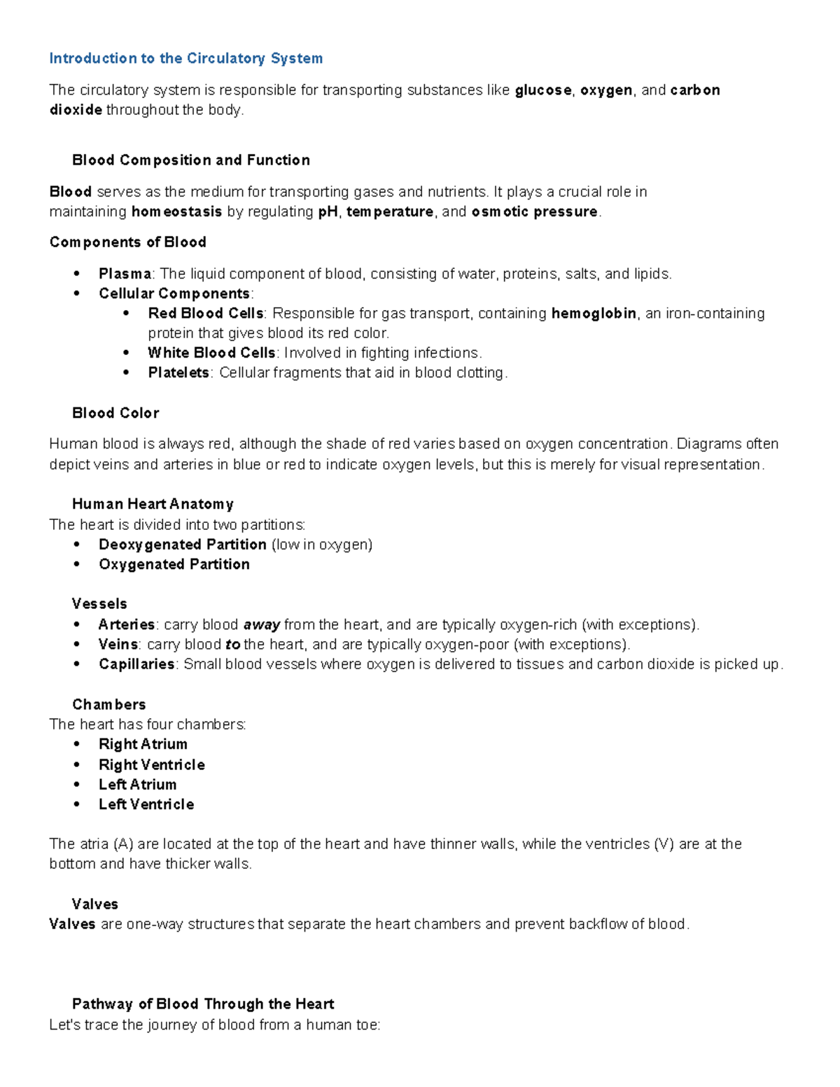 Overview of the Circulatory System and Its Functions - Studocu