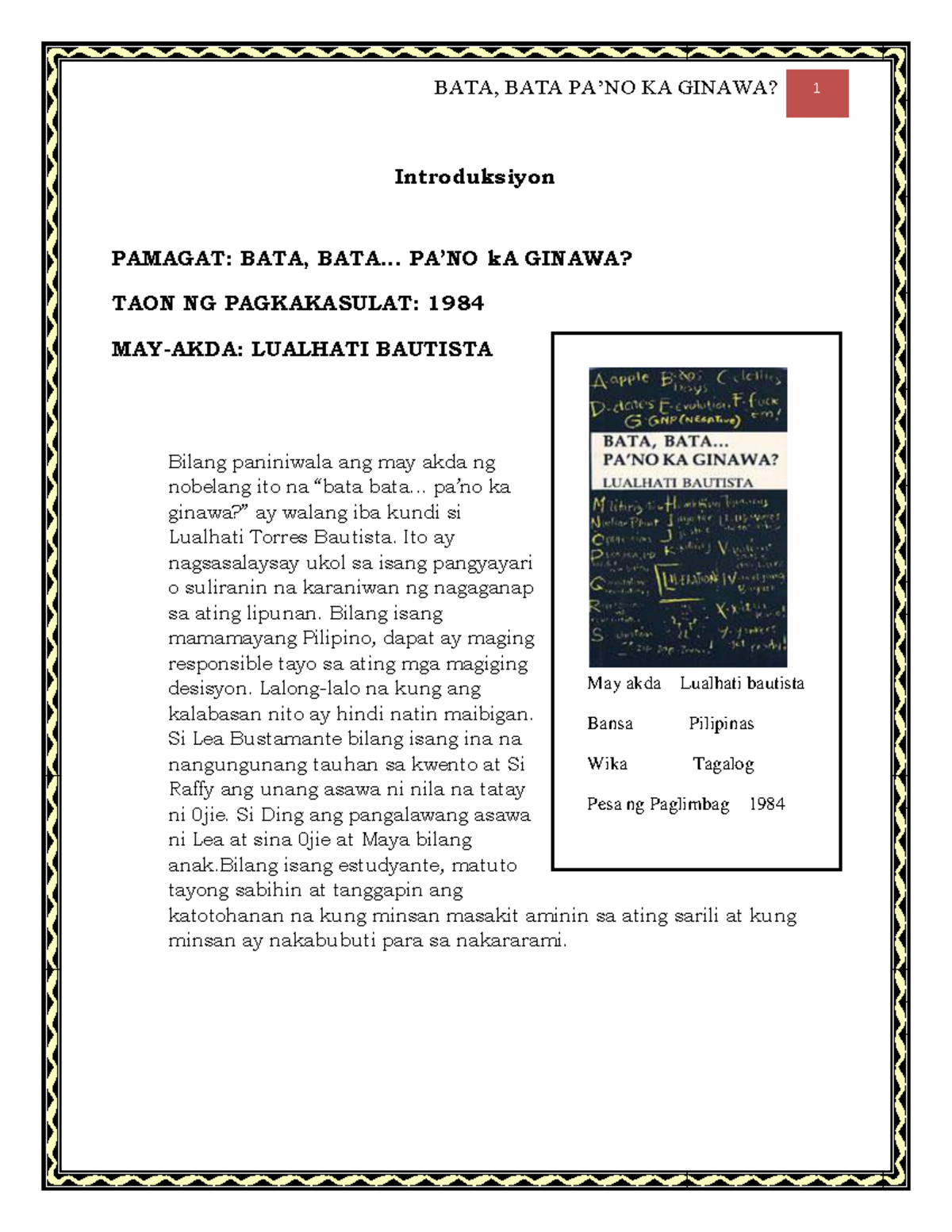 BATA BATA PA'NO KA GINAWA? PAGSUSURI AT ANALISIS NG NOBELA - Studocu