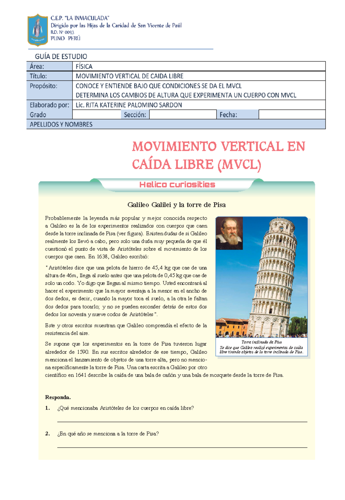 MVCL - Movimiento Vertical en Caída Libre: Conceptos y Ejercicios - Studocu