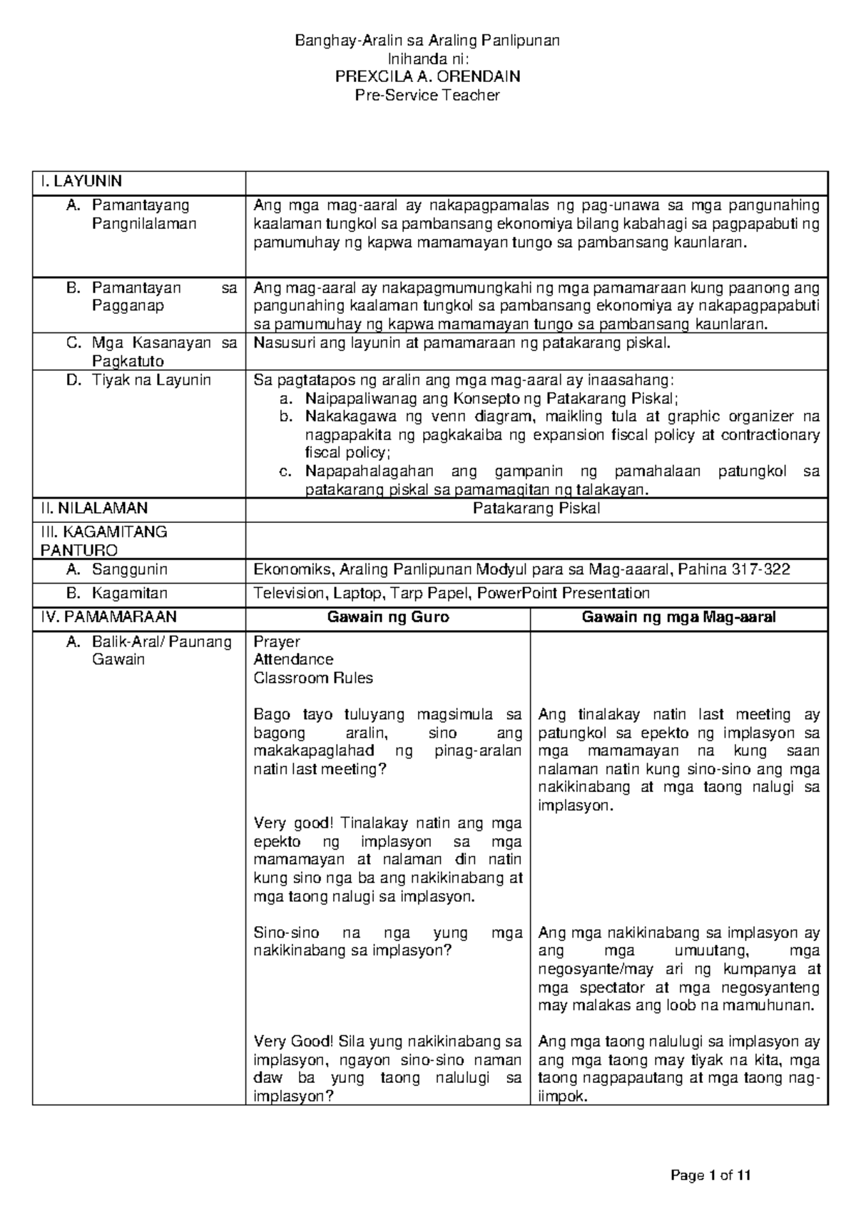 Banghay-Aralin: Patakarang Piskal sa Araling Panlipunan (DLP) - Studocu