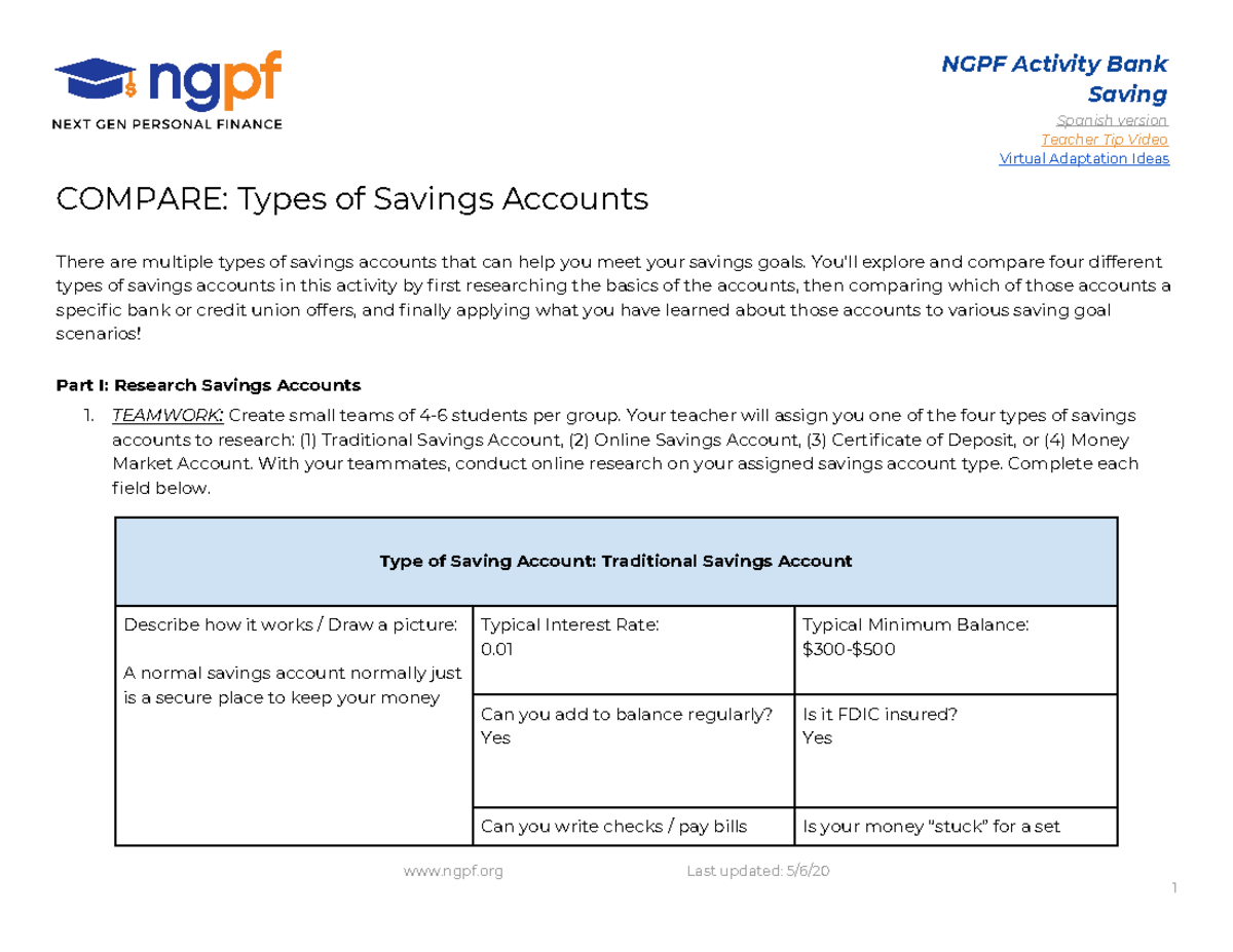 Compare Types of Saving Accounts Done - NGPF Activity Bank Saving ...