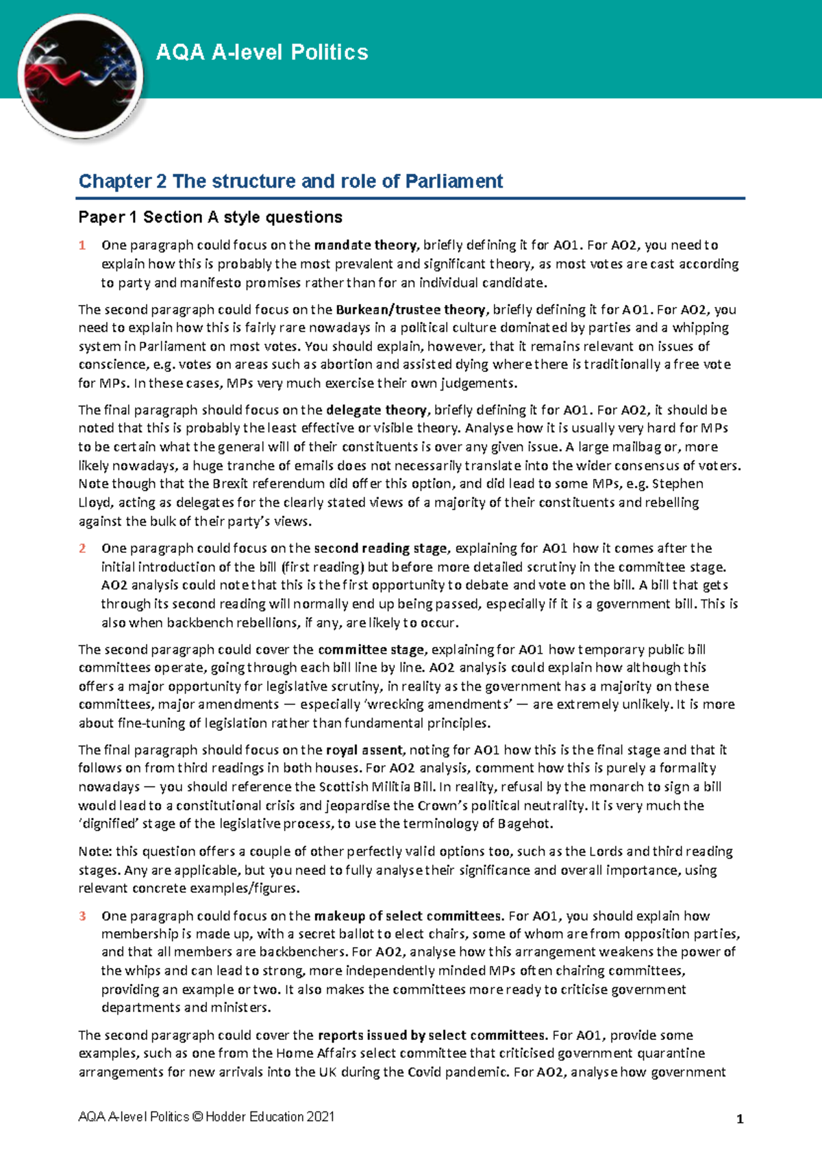 AQA Politics Chapter 2: The Role of Parliament and Theories of ...
