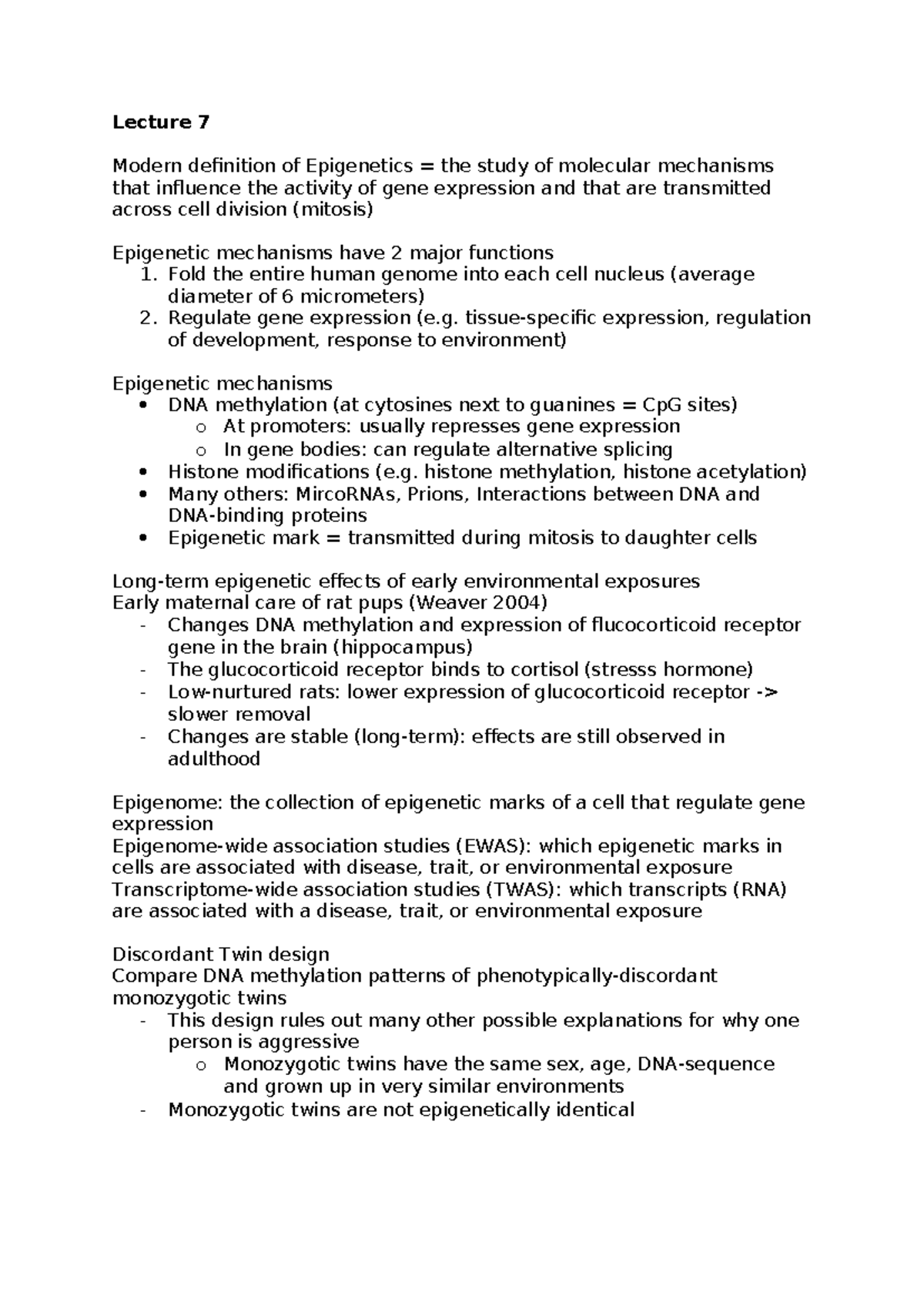 Lecture 7 & 8: Modern Epigenetics and Gene Expression Mechanisms - Studeersnel