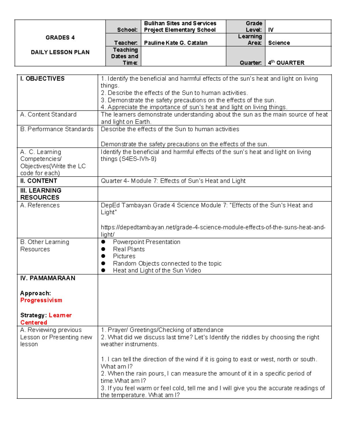 Grade 4 Science Lesson Plan: Sun's Benefits & Risks (4th Quarter) - Studocu