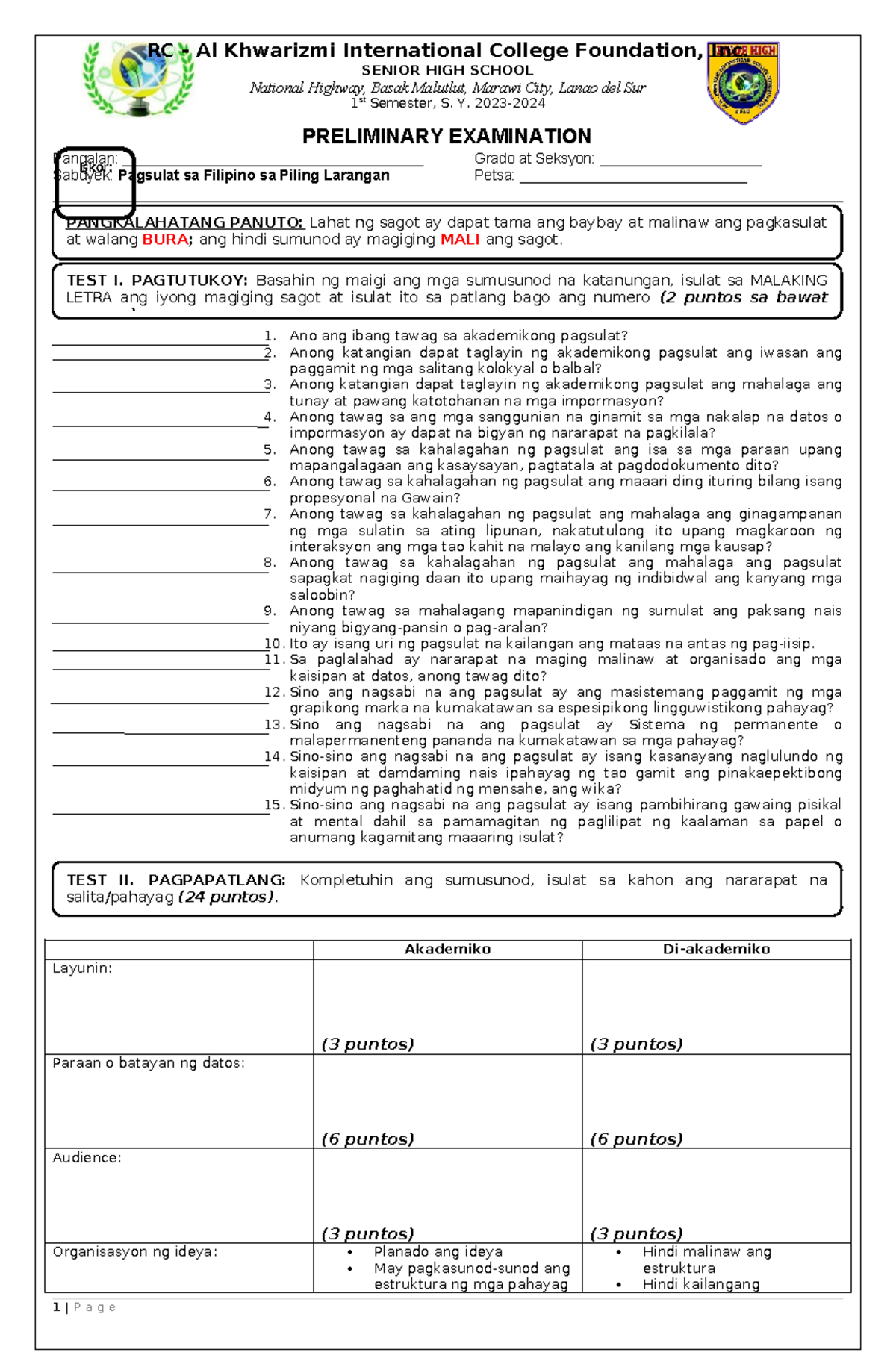 Filipino Midterm Exam - Pagsulat sa Piling Larangan (1st Sem, SY 2023 ...