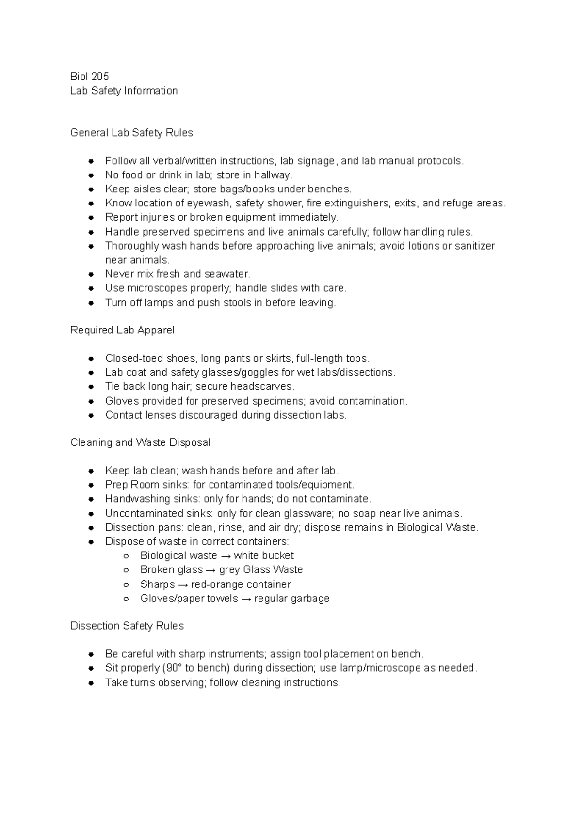 Biol 205 Lab Safety Summary: Essential Guidelines and Rules - Studocu
