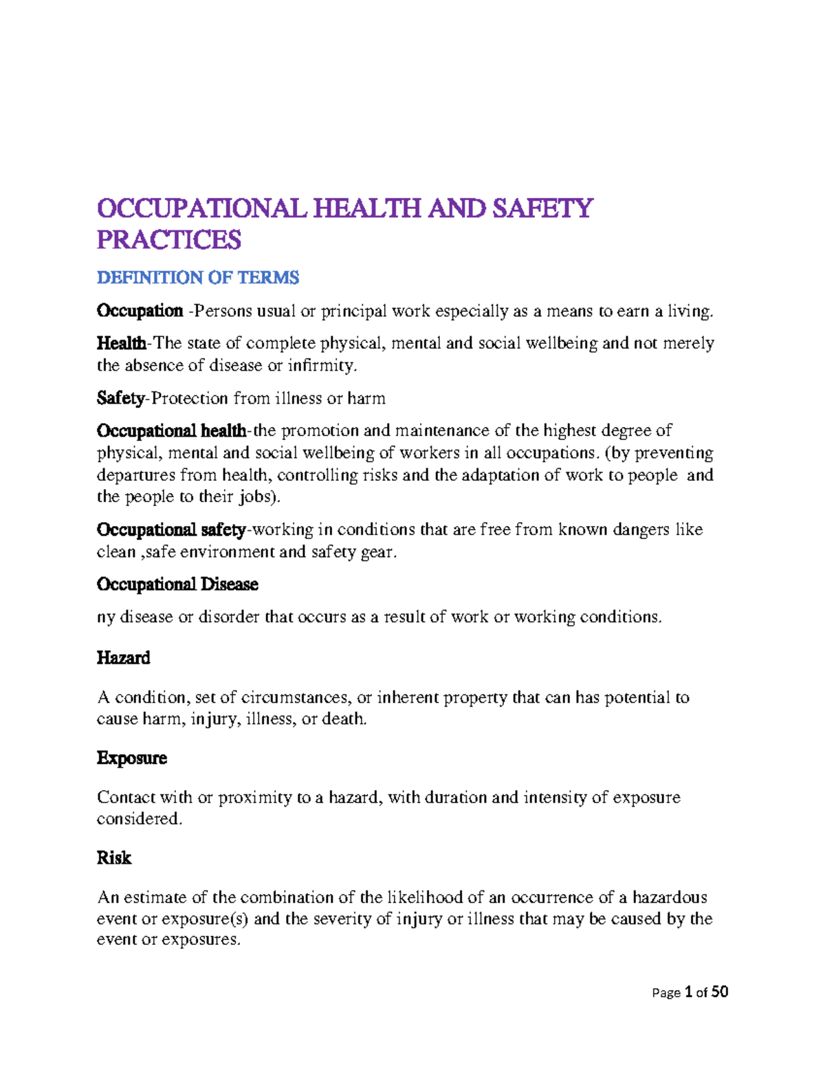OHS 101: Key Terms and Concepts in Occupational Health and Safety - Studocu