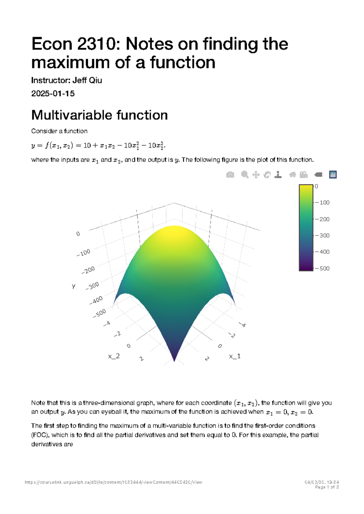 Econ 2310: Finding Maximum of Multivariable Functions Notes - Studocu