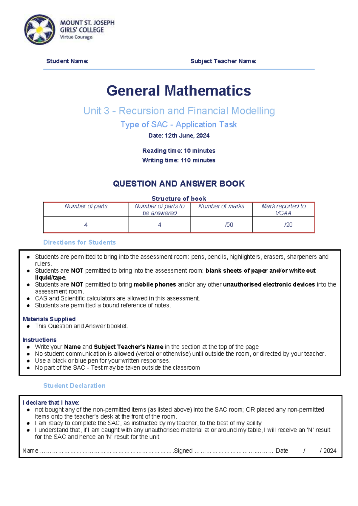 2024 General Mathematics Unit 3 Recursion & Financial Modelling SAC ...