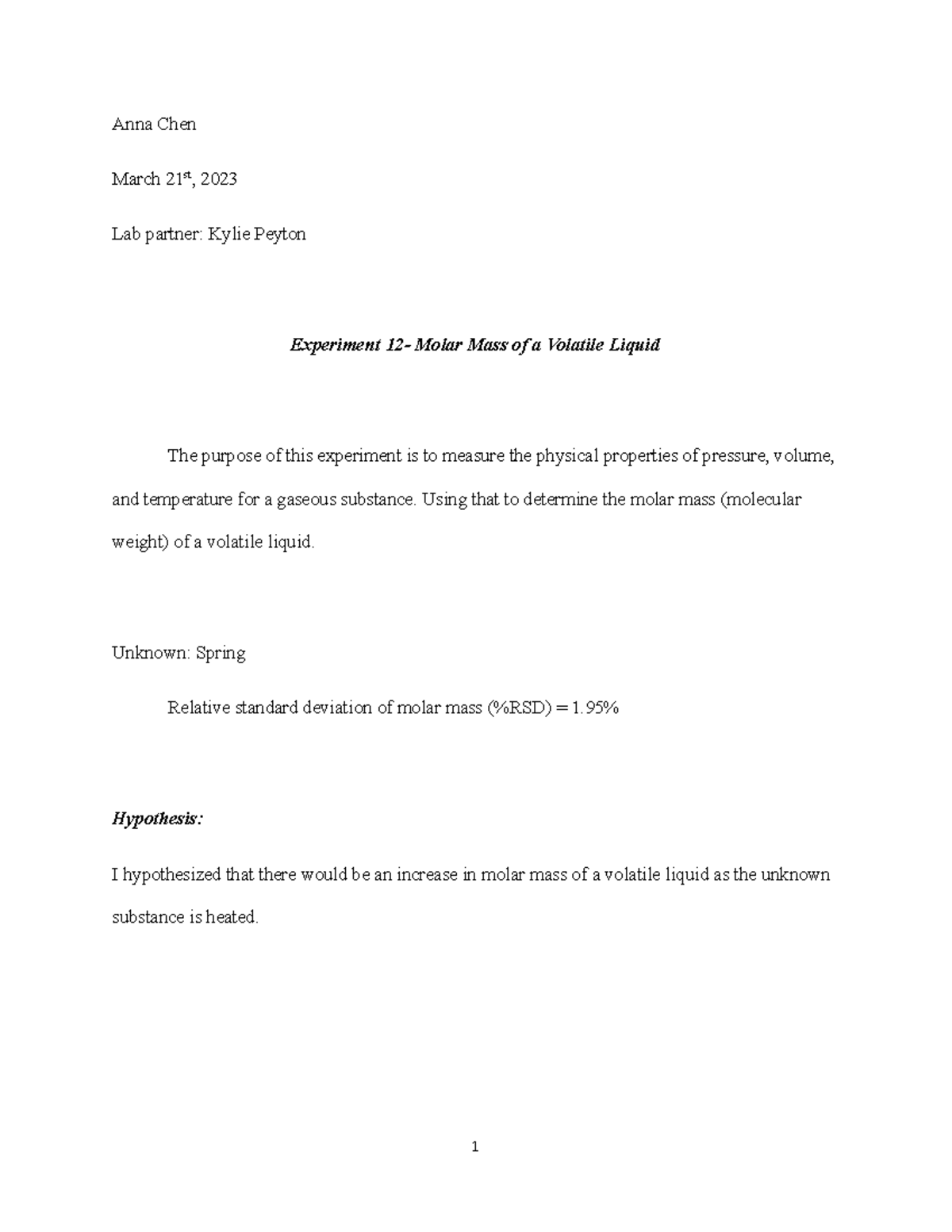 Experiment 12: Lab Report on Molar Mass of Volatile Liquid - Studocu