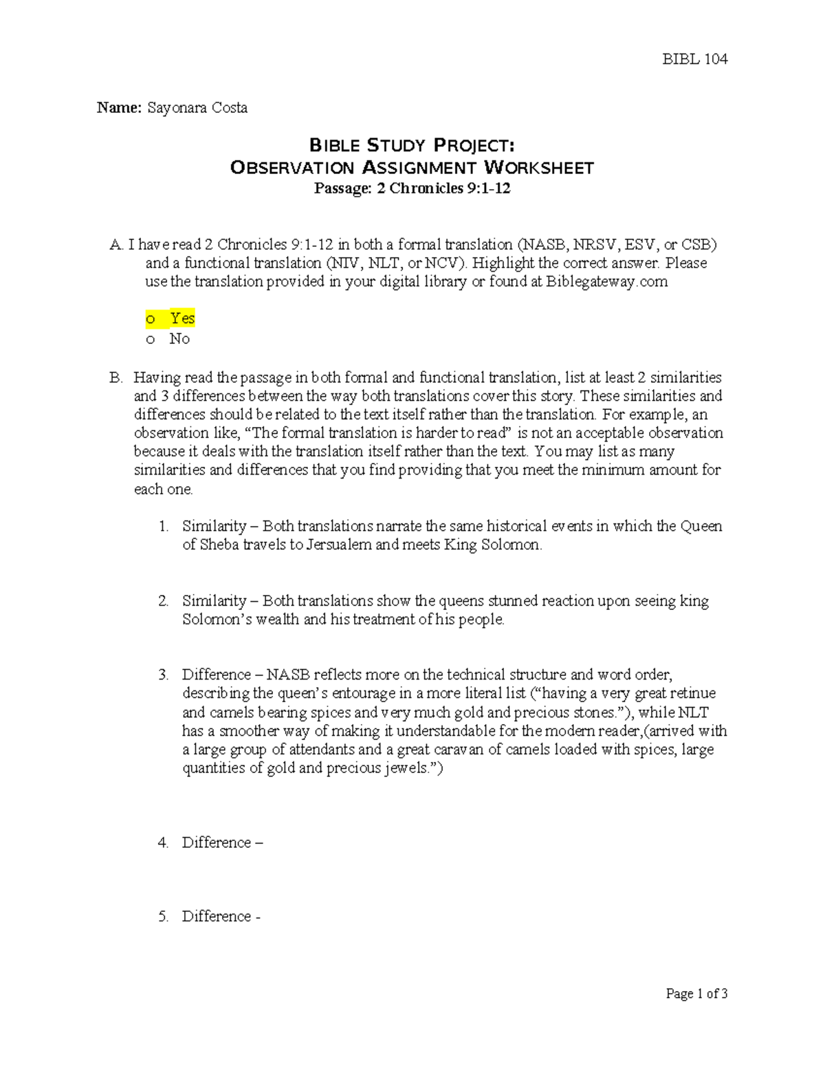 BIBL 104 Bible Study Project: Observation Assignment Worksheet - Studocu