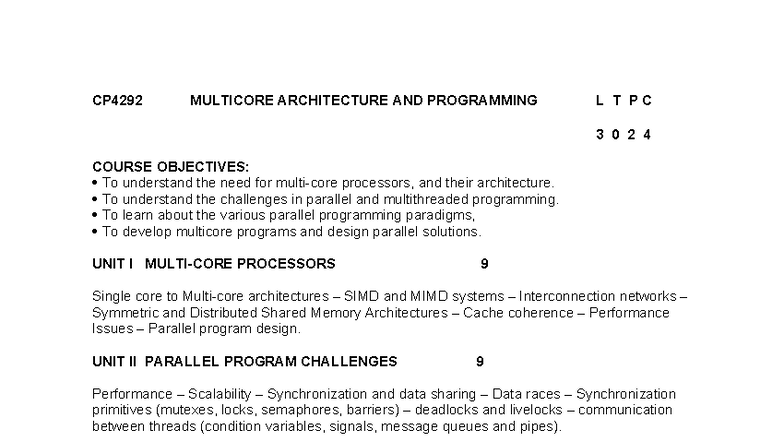 CP4292 Syllabus: Multicore Architecture & Programming Overview - Studocu