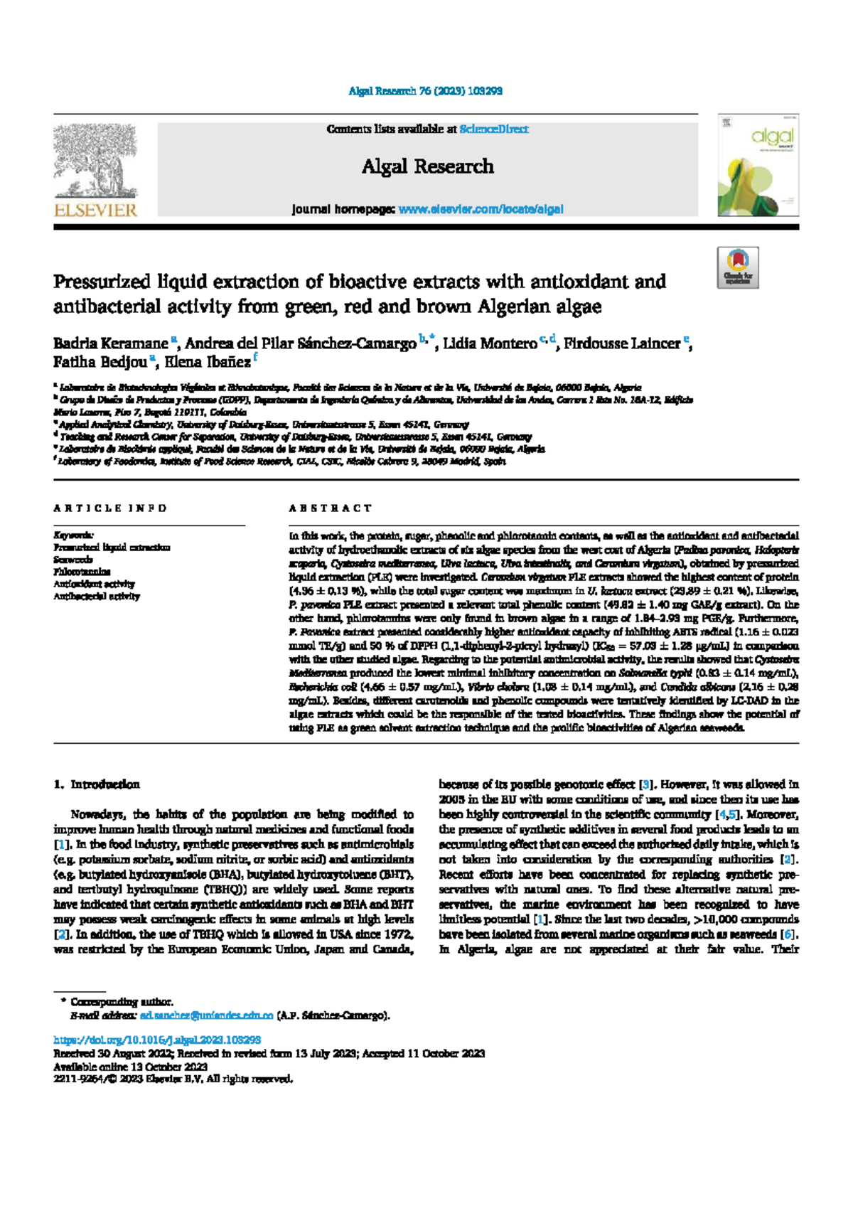Pressurized Liquid Extraction of Bioactive Compounds from Algerian ...