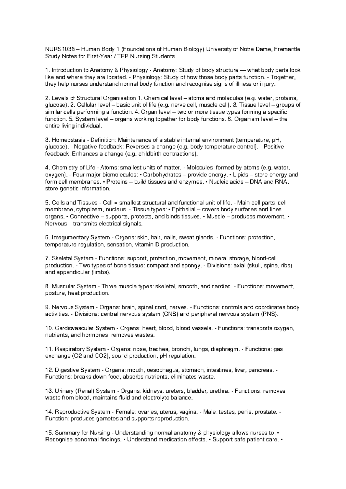 NURS1038 Human Body 1 Study Notes for Nursing Students - Studocu