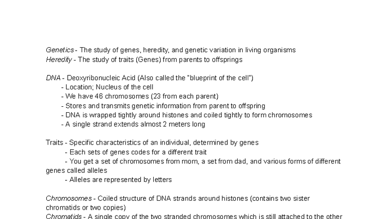 Unit 2 Biology: Genetics Lecture Notes on Heredity and DNA - Studocu