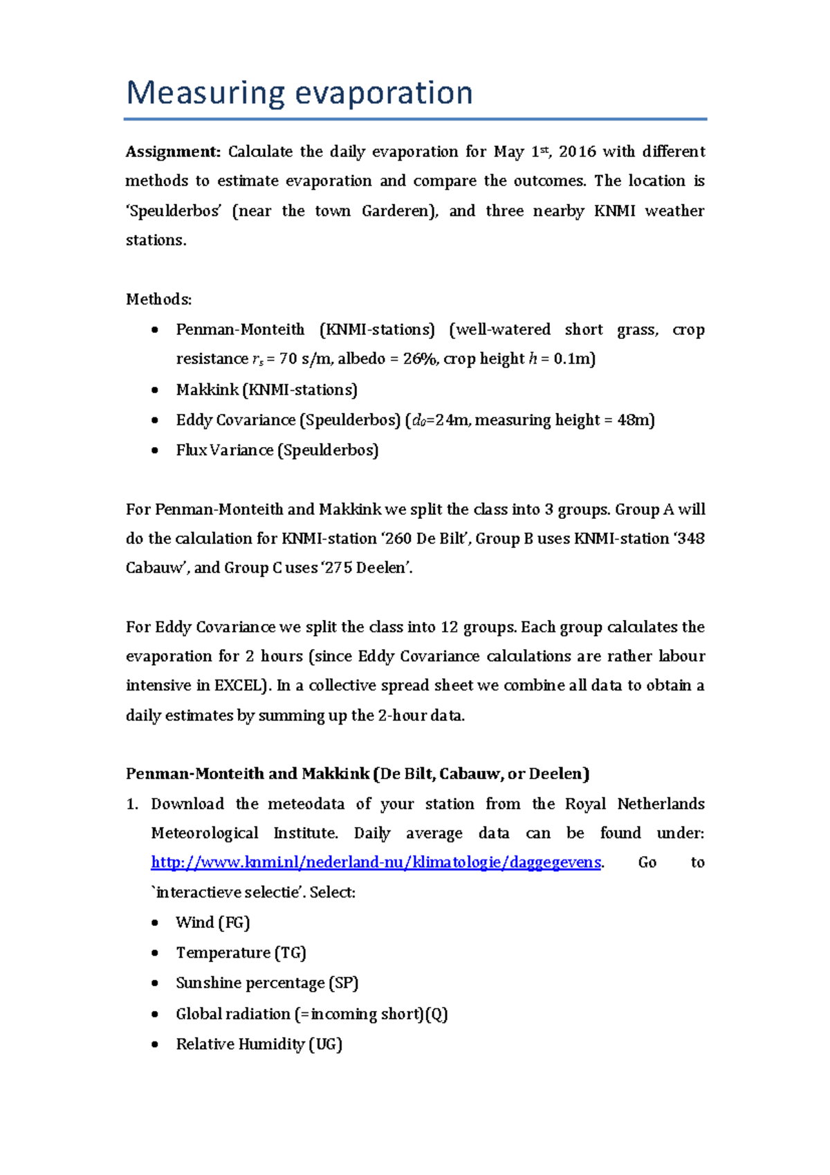 Evaporation Calculation Assignment: Methods & Comparisons (2016 ...