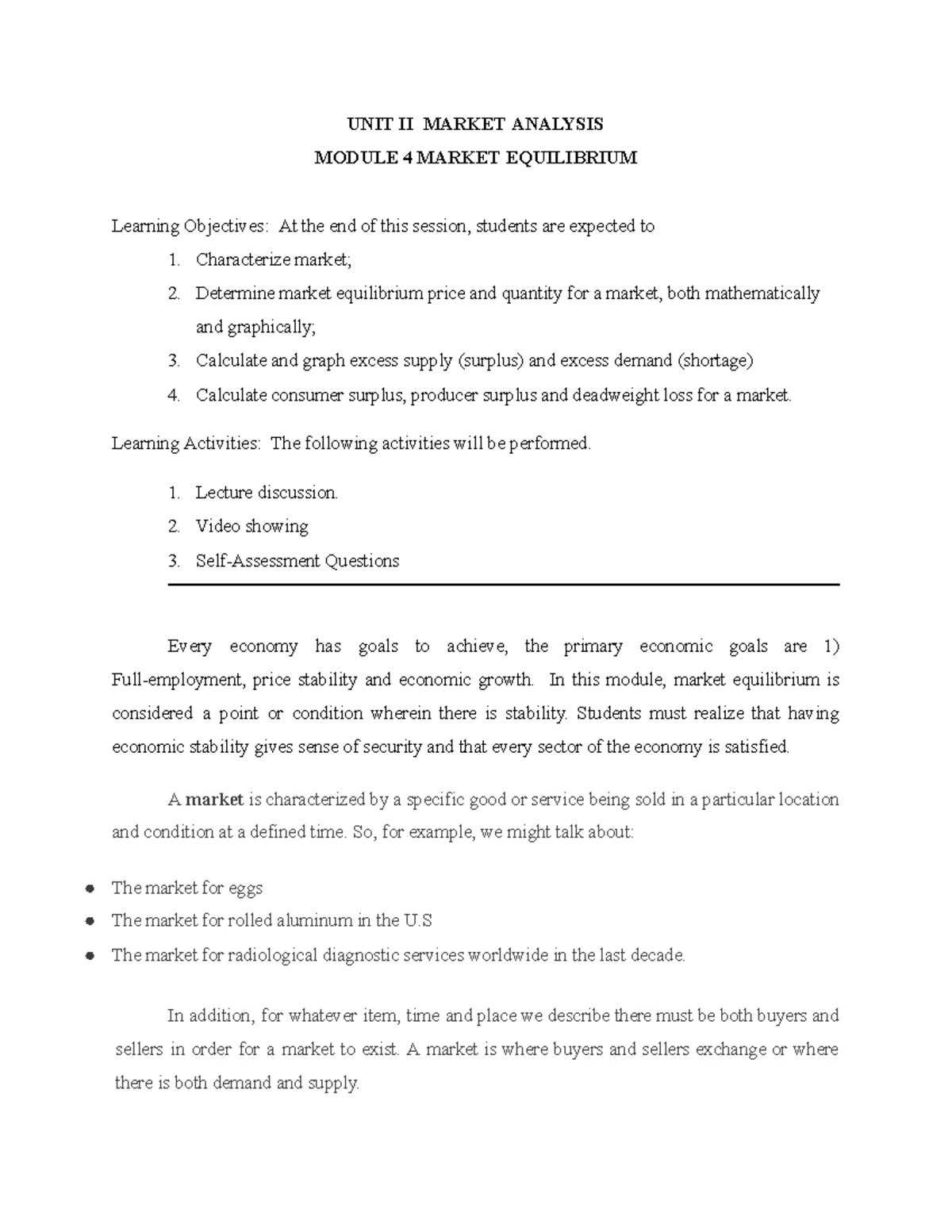 UNIT II: Market Analysis - Module 4: Market Equilibrium Insights - Studocu