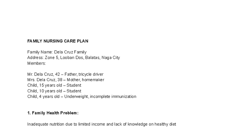 NCP-2: Family Nursing Care Plan for Dela Cruz Family - Studocu